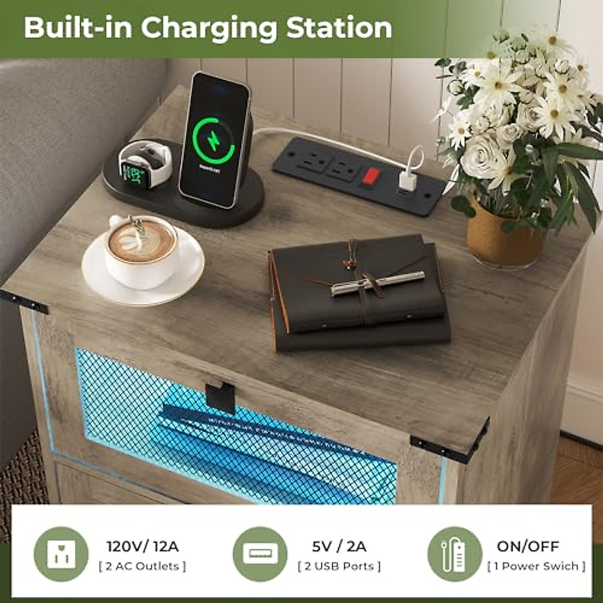 Hasuit Farmhouse Night Stand with LED Lights and Charging Station, Rustic Oak Nightstand with 2 Drawers, and Cubby with Wire Mesh Door, Bedside End Table for Bedroom