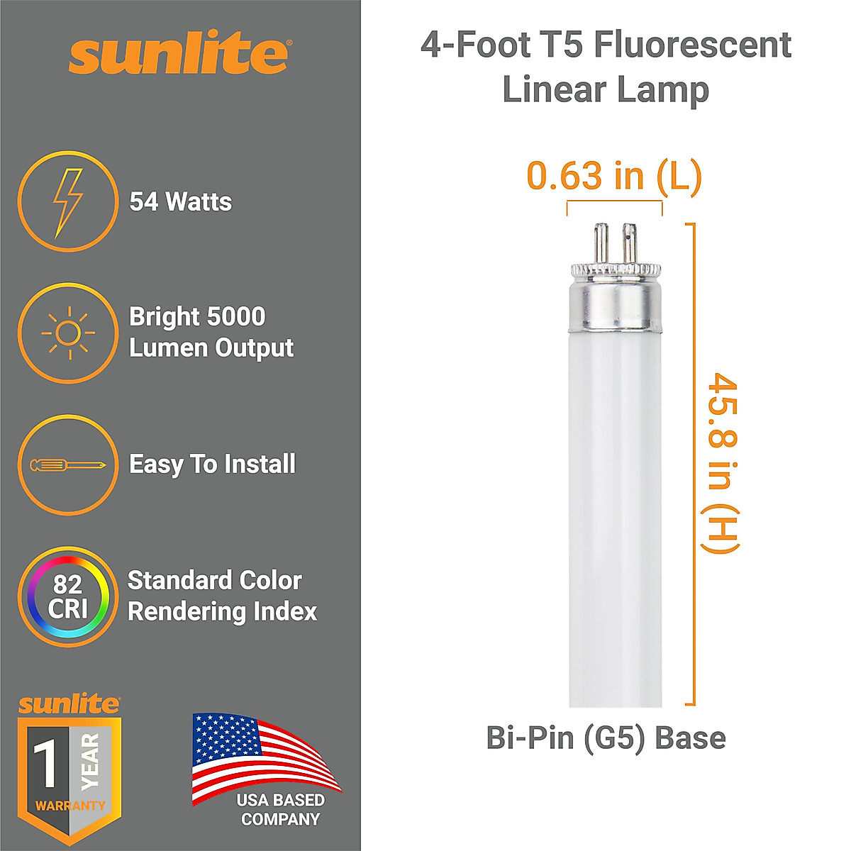 Sunlite 30257 F54T5/835/HO 4 Foot T5 Linear Fluorescent Lamp, 54 Watts, 5000 Lumens, 3500K Neutral White, Miniature G5 Bi-Pin Base, High Performance Straight Tube, 12 Pack