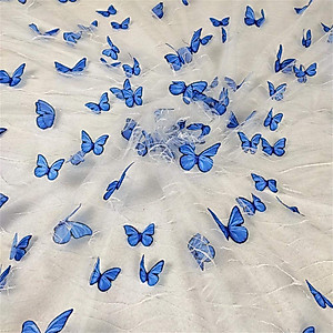 3D Vivid Butterflies Mesh Lace Fabric French Tulle lace for DIY Wedding Dress Costume Accessories Flower Girl Gown Dress Bridal Veil Home Decor(3Yard,White+Blue)