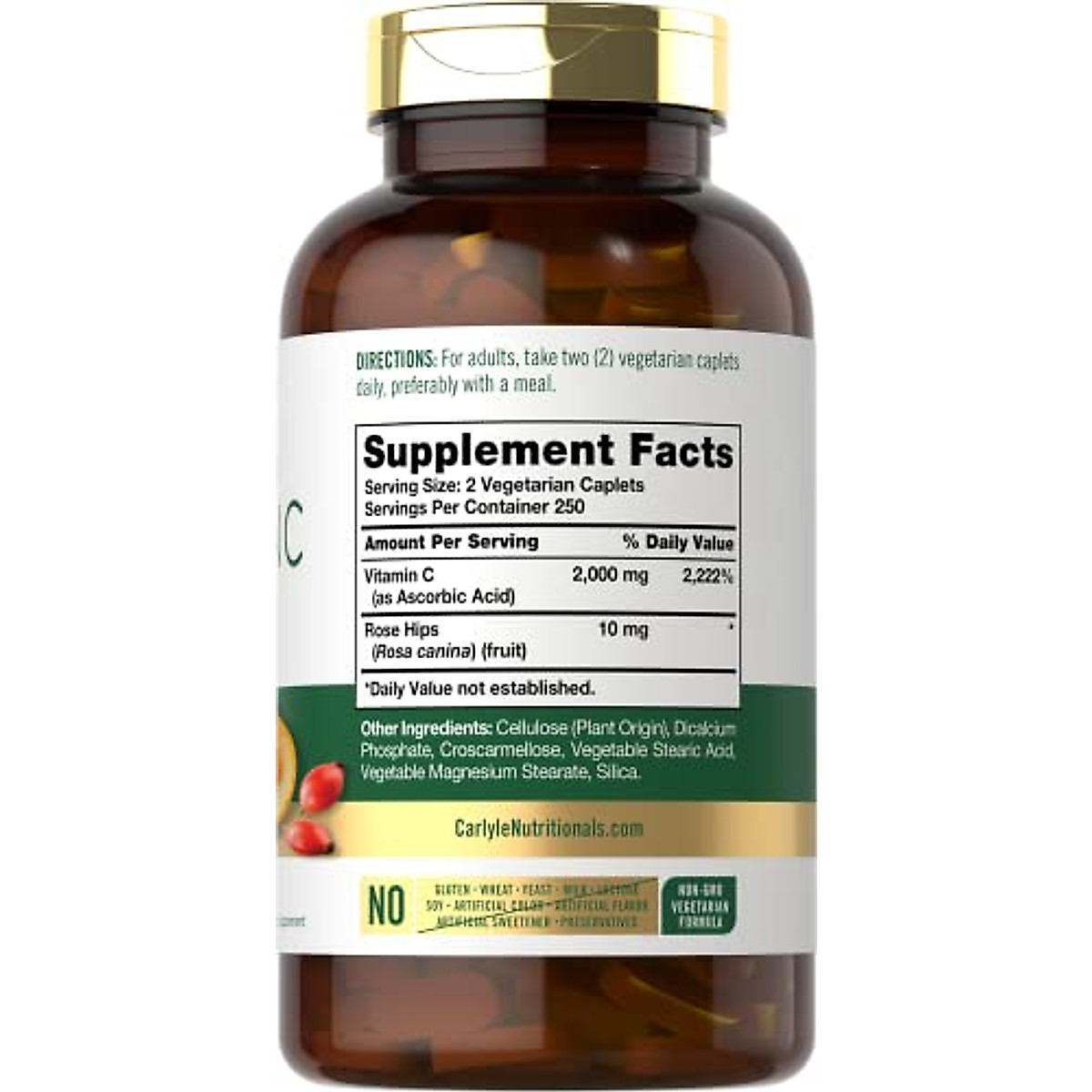 Carlyle Vitamin C 1000mg | 500 Vegetarian Caplets | Ascorbic Acid with Wild Rose Hips | High Strength Formula | Non-GMO and Gluten Free Supplement