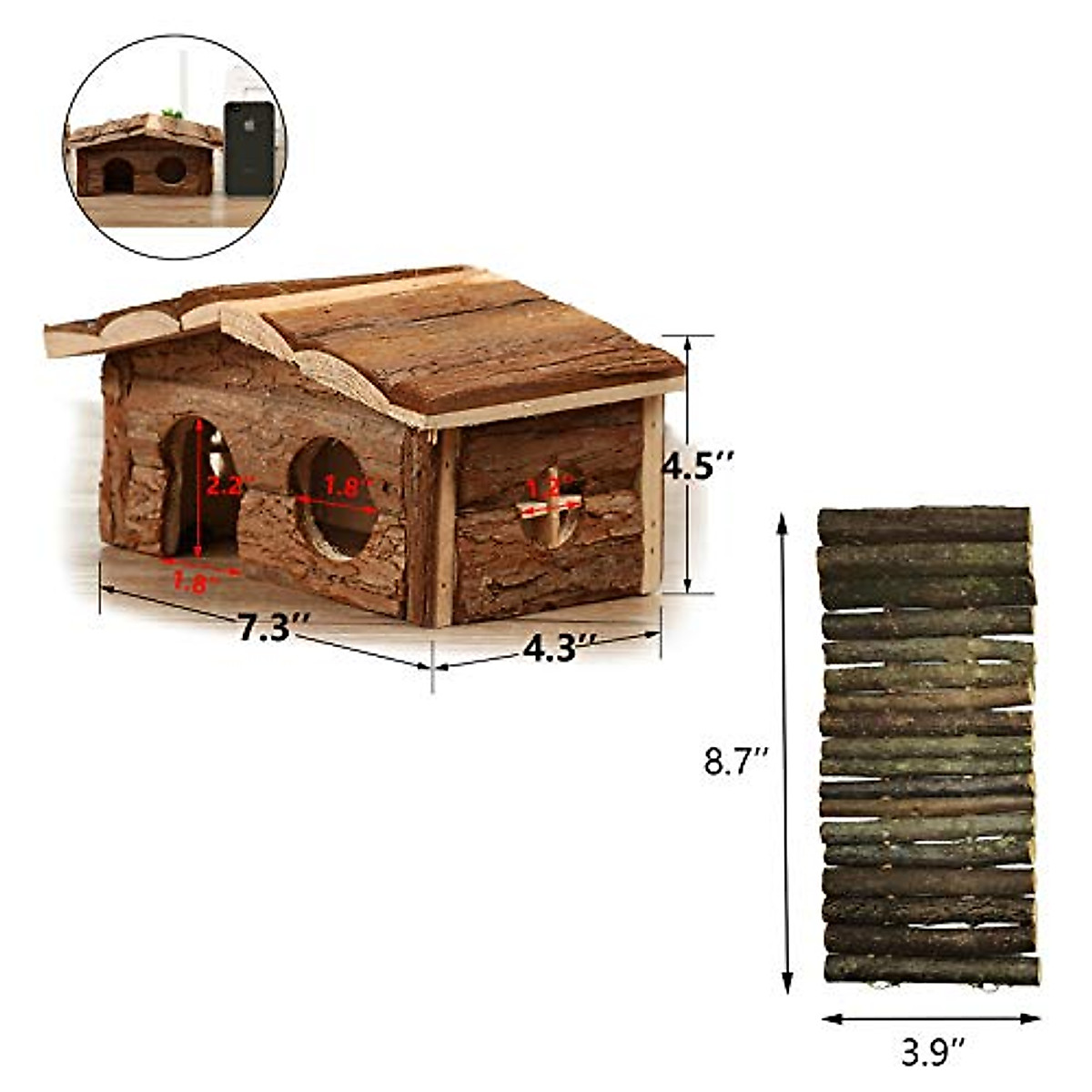 Hamiledyi Hamster Hideout Wooden House,Natural Wood Rat Hut Hamster Bridge for Dwarf Hamster Mouse Playing Hiding