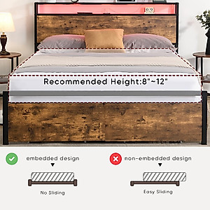 Industrial Queen Platform Bed Frame with LED Lights, Storage Headboard, 2 Drawers, and Charging Station - No Box Spring Needed