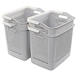 Asking 4-Pack 35 L Plastic Laundry Baskets, Gray Clothes Basket with Handle