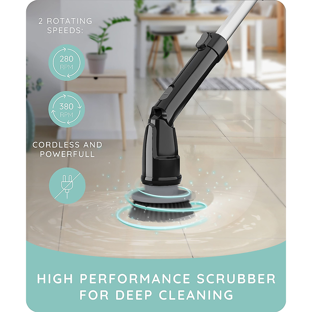 JULY HOME Electric Spin Scrubber with Adjustable Extension Shower Scrubber Brush, Cordless Automatic Power Scrubber for Shower, Cleaner for Tile, Floor, Long Handle & 3 Brush (Packaging May Vary)
