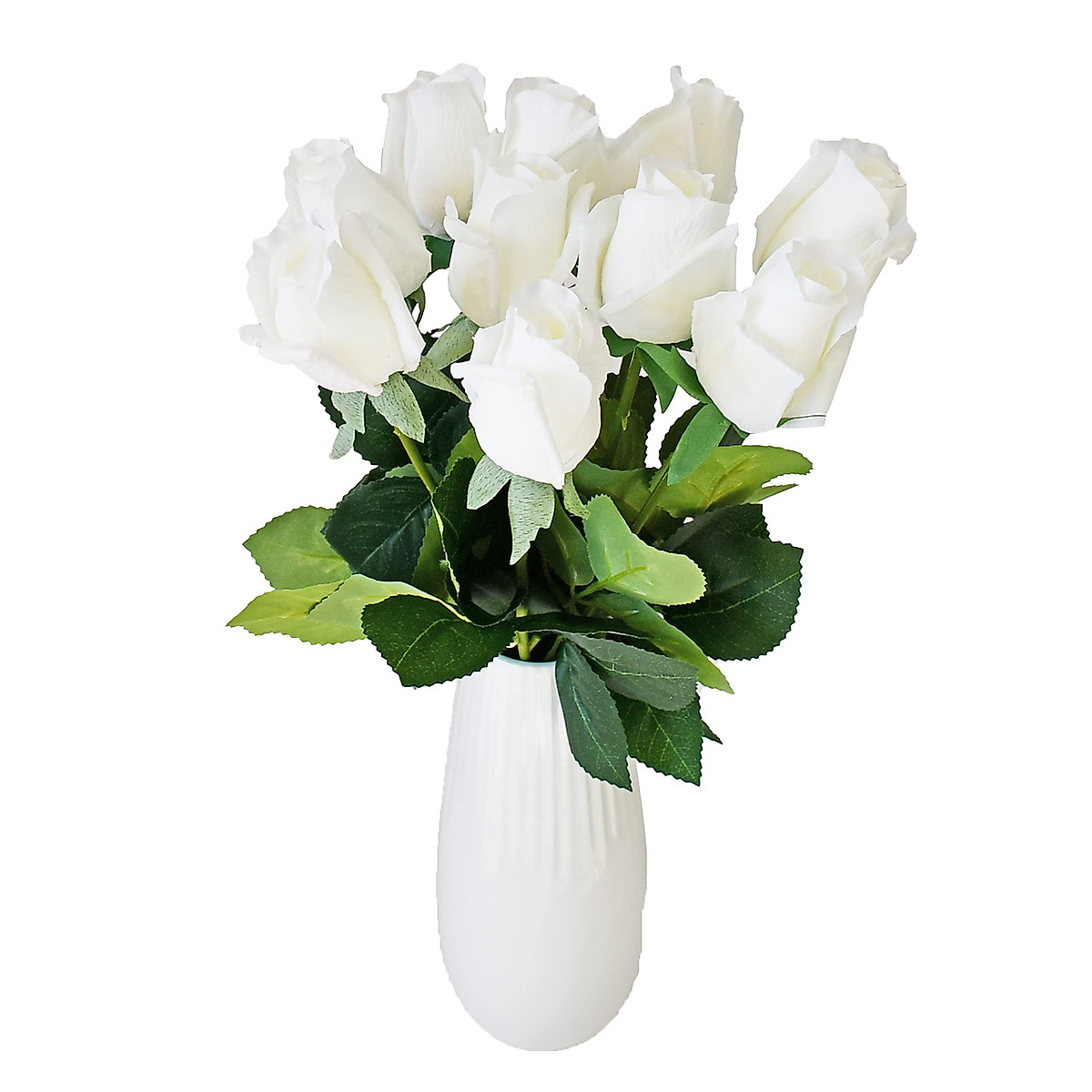 Mandy's 10pcs White Fake Flowers Artificial Silk Rose Bud 15" for Valentine’s Day Home Decoration Bridal Wedding Bouquet Parties and Mother's Day Easter（Vase not Include）