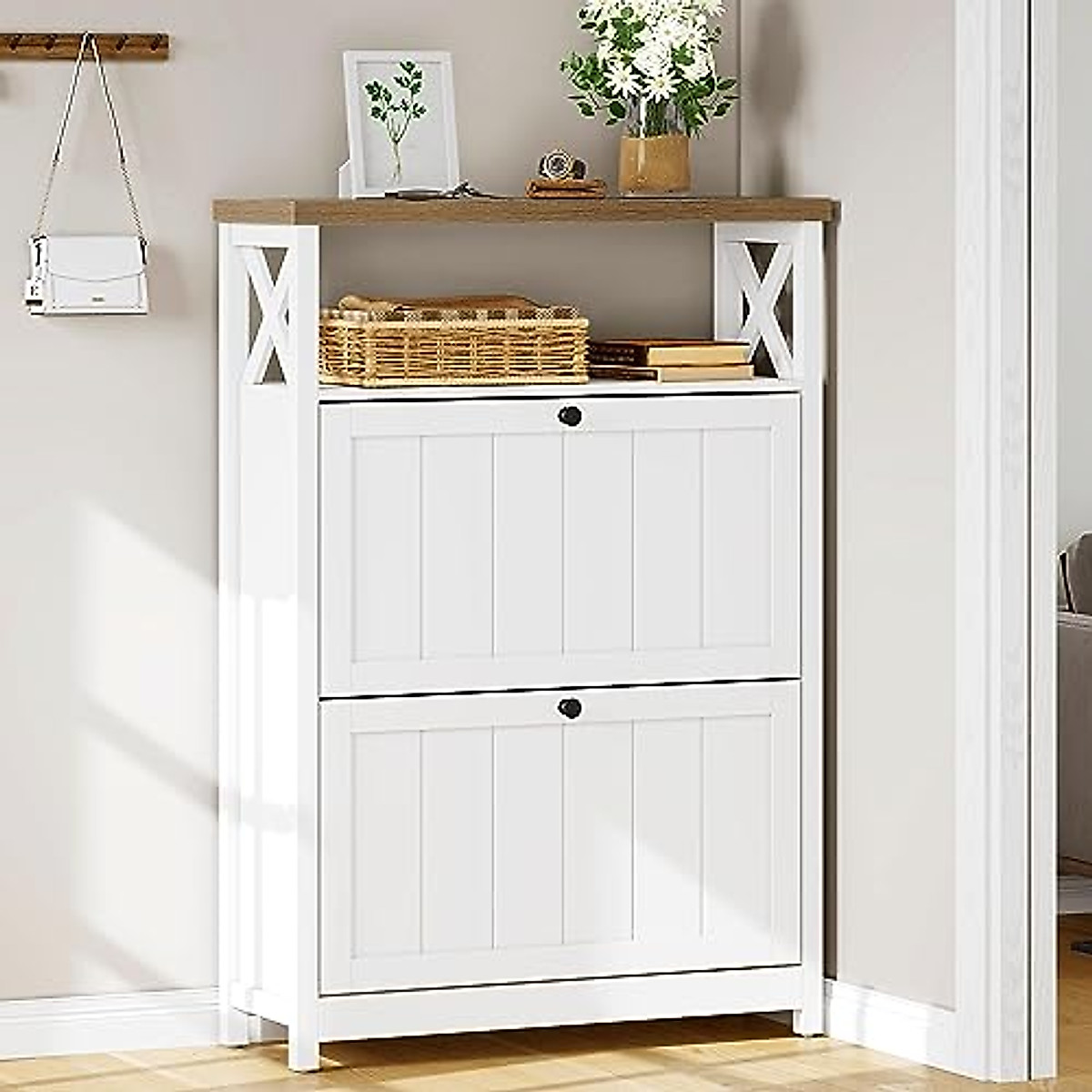 YITAHOME Shoe Cabinet with 2 Flip Drawers, Entryway Shoe Storage Cabinet with Open Shelves, Free Standing Hidden Shoe Rack Storage Organizer for Entryway/Hallway/Closet, White