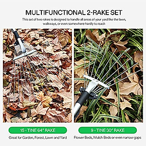 VIVOSUN 2-Pack Leaf Rake Set, Adjustable Garden Camping Rake Includes 15-Tine 64'' Rake and 9-Tine 30'' Rake, Metal Rake with Collapsing Tines and Telescopic Handle for Garden Lawn Yard Cleaning