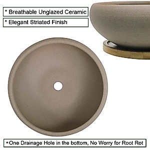 MUZHI Round Unglazed Ceramic Bonsai Pot with Bamboo Tray, Large Rough Pottery Succulent Planter with Drainage Hole 8 inch …