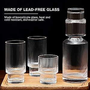 Bedside Water Carafe and Glass Set, Gencywe 28 OZ Pitcher & 6 OZ Cups, Vintage Glass Bedside Water Serving Carafe with Cup Set for Kitchen, Bedroom, Clear Juice Pitcher with Tumbler Glass (2-Piece)