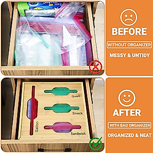 SYLAS LIFESTYLE Bamboo ziplock Bag Organizer – Kitchen drawer organizers and storage for Ziplock bags, Sandwich, Gallon, Quart, and Snack Bags included with a Cleaning Brush