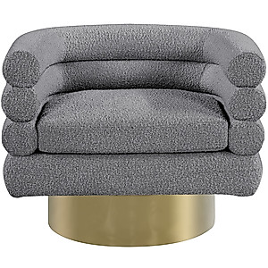 Meridian Furniture 544Grey Tessa Collection Modern | Contemporary Boucle Fabric Upholstered Swivel Accent Chair with Brushed Gold Base and Deep Channel Tufted Back, Grey, 33.5" W x 28" D x 26.5" H
