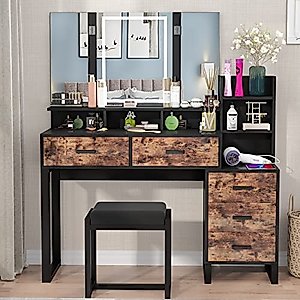 PAKASEPT Vanity Set with Lighted Tri-fold Mirror, Vanity Desk with Charging Station, 3-Color Adjustable Touch Light, 5 Drawers, Storage Shelves&Cushioned Stool Makeup Vanity for Bedroom, Black