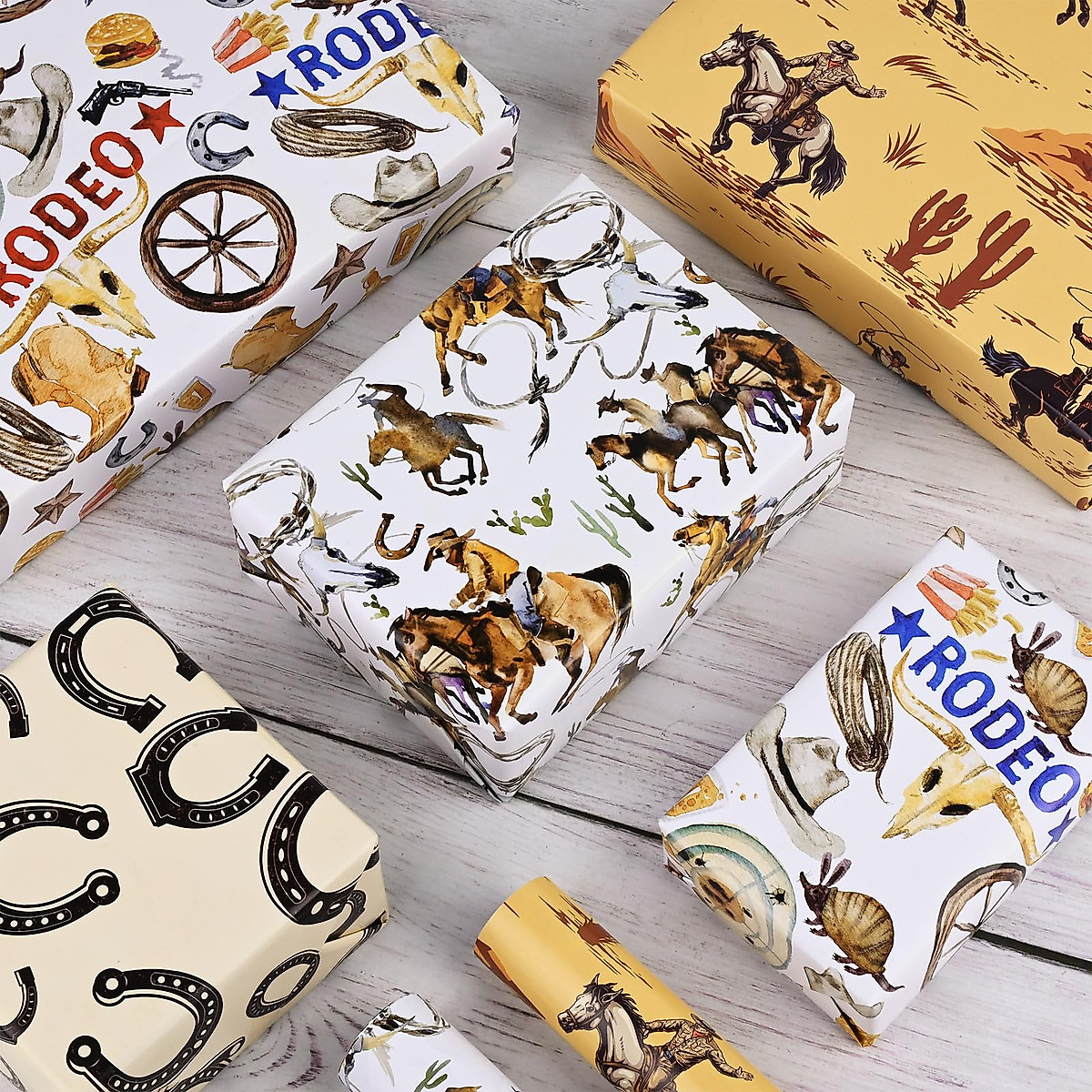 12 Sheets 28 * 20 Inches Western Wrapping Paper Watercolor Cowboy Wild West Desert Cactus Rodeo Gift Wrap Paper for Birthday Baby Shower Horse Racing Party DIY Craft