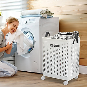 KEIGPERIcollapsible laundry baskets,laundry basket with wheels,foldable laundry basket,With wheels and handles, it is easy to move and can be folded to save space. (White, large)