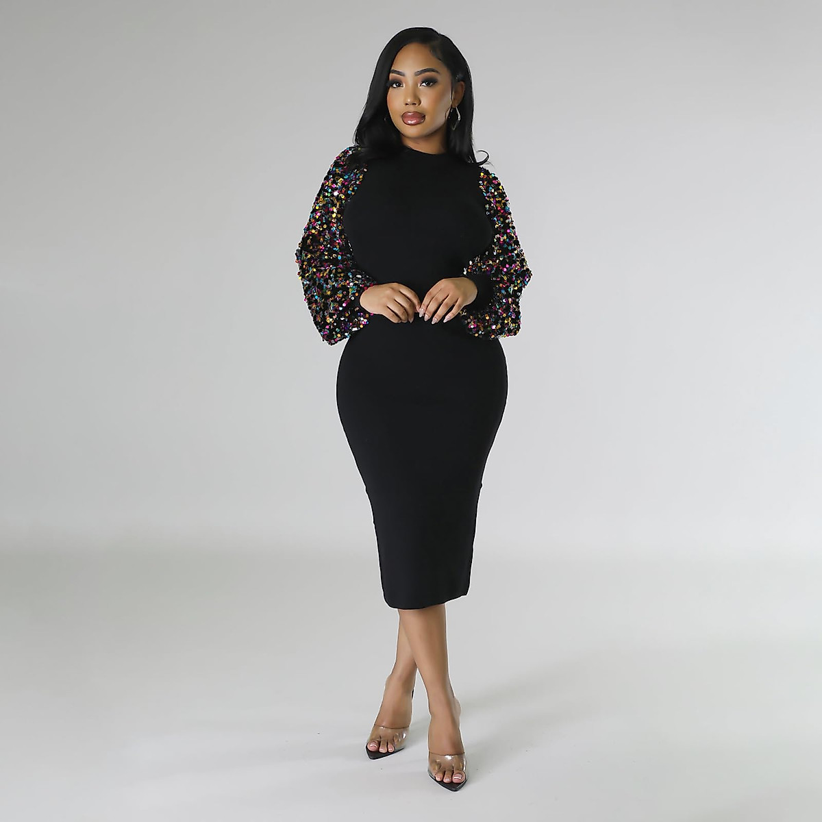 Sexy Black Dress for Women Party Club Night Dress Crewneck Sequin Long Sleeve Bodycon Midi Dress Black S