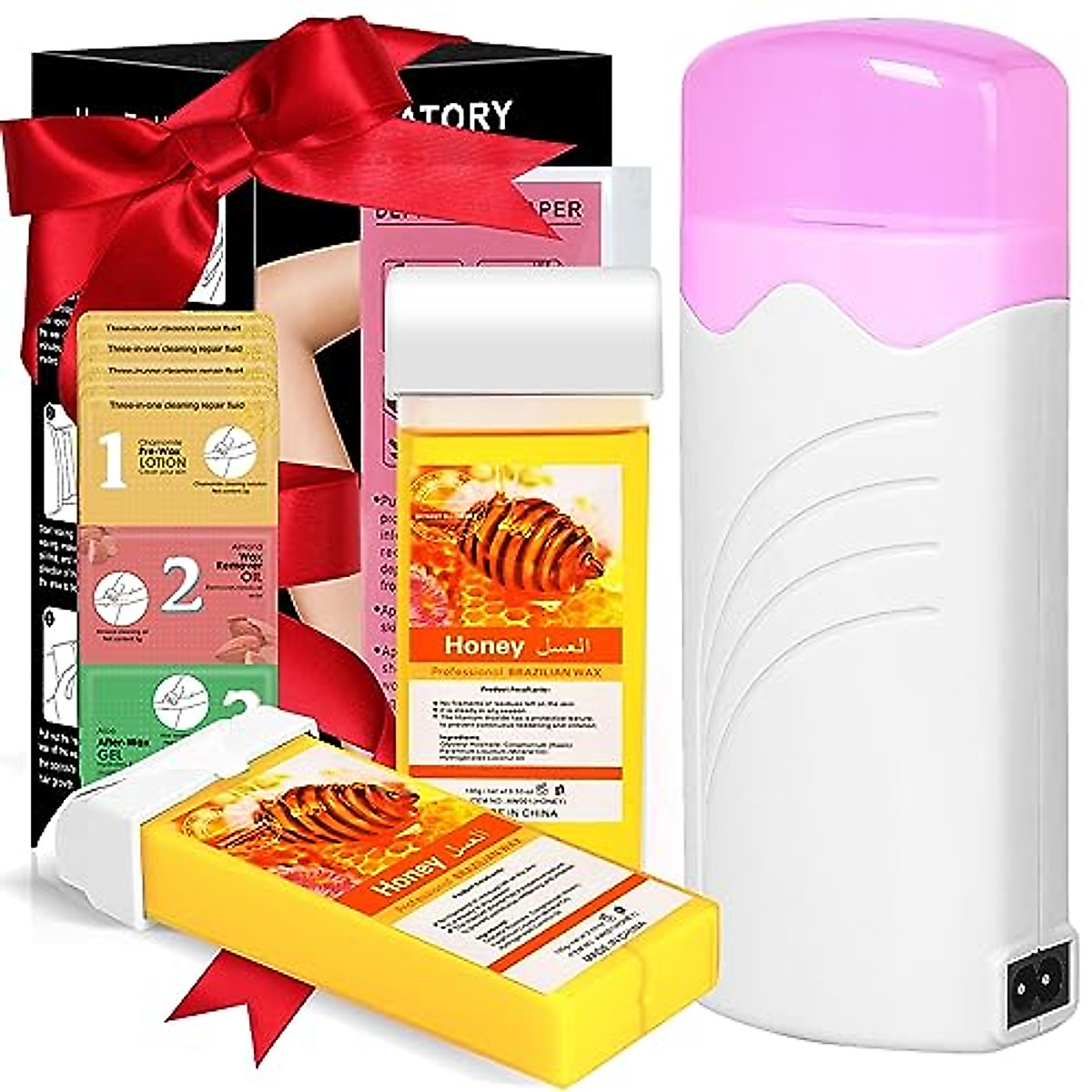 Roll on wax,Waxing Roller Kit,Cera para depil,Wax Roller Kit for Hair Removal, Include 2 Honey Soft Wax Cartridge & 100 Non-Woven Wax Strips, Portable Purple Wax Heater Machine for Women & Men