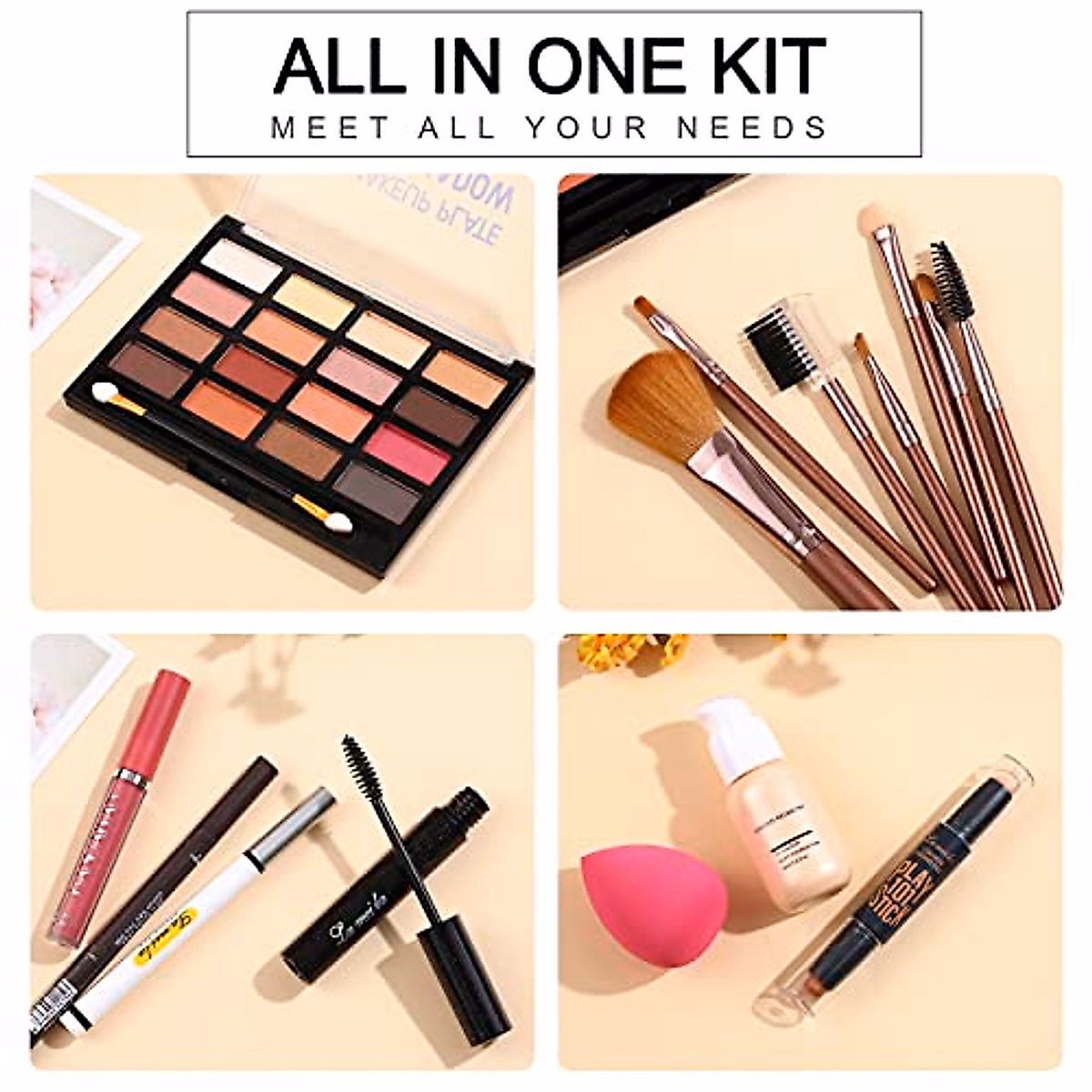 All in One Makeup Kit For Women Girls Teens 16 Colors Eyeshadow Palette Liquid Foundation Eyeliner Pencils Contouring Stick Lip Gloss Eyebrow Pencils Mascara Powder Puff 7Pcs Makeup Brushes Makeup Gift Sets