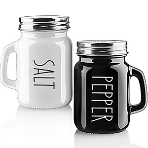 Salt and Pepper Shakers Set, 4 oz Glass Black White Salt Pepper Shaker Set with Stainless Steel Lid, Cute Modern Kitchen Decor, Ideal Gift for Thanksgiving Christmas