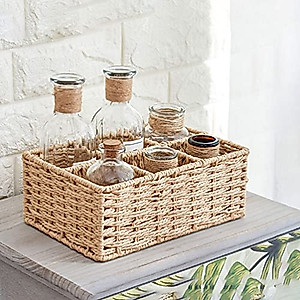 Zerodeko Rattan Divided Basket Storage Box: Woven Wicker Seagrass Storage Basket Khaki Rattan Compartment Bin Makeup Organizer Multipurpose Storage Container for Makeup Small Items