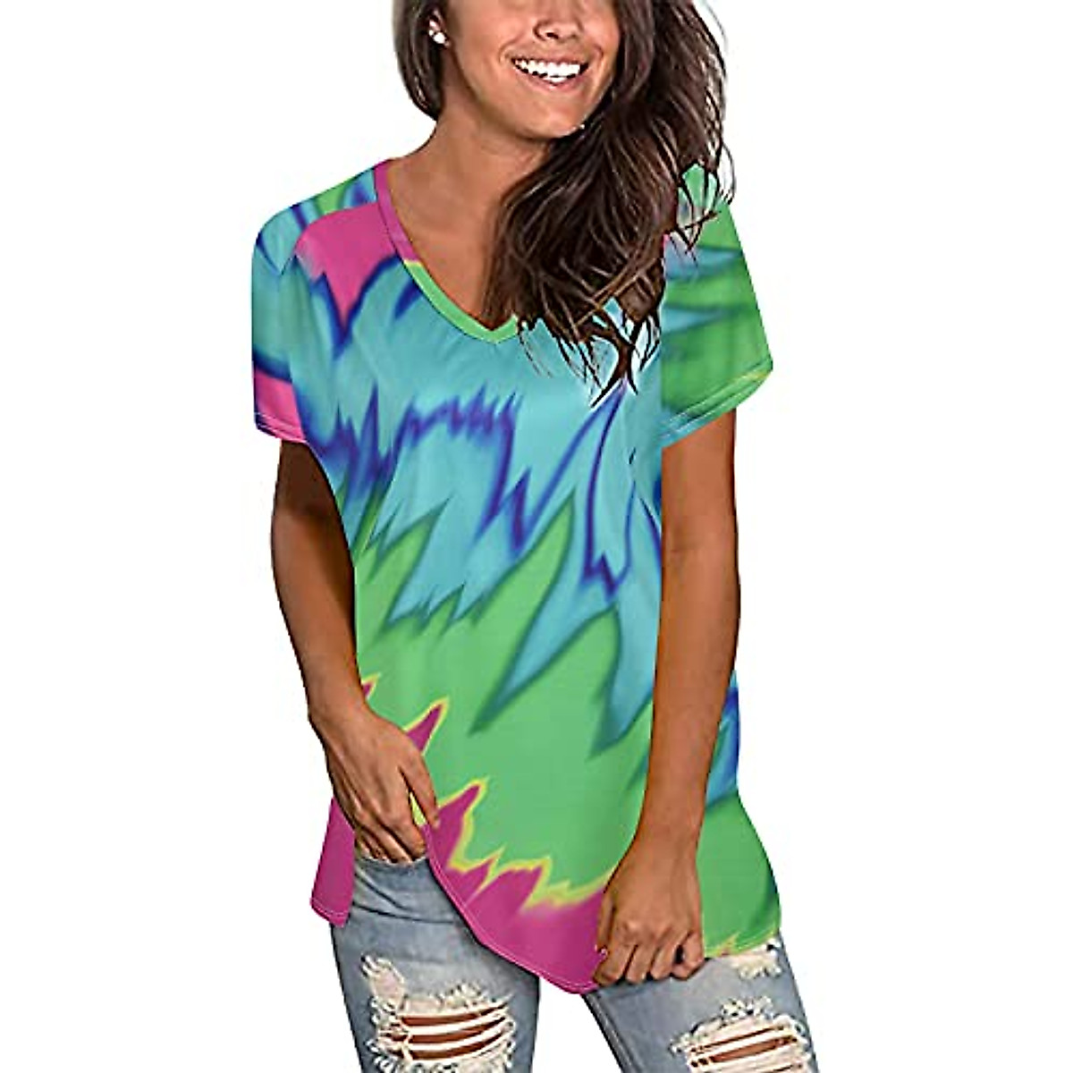 Bravetoshop Womens Summer V Neck T Shirts Gradient Short Sleeve Causal Loose Fit Tee Tops (Light Blue,XL)