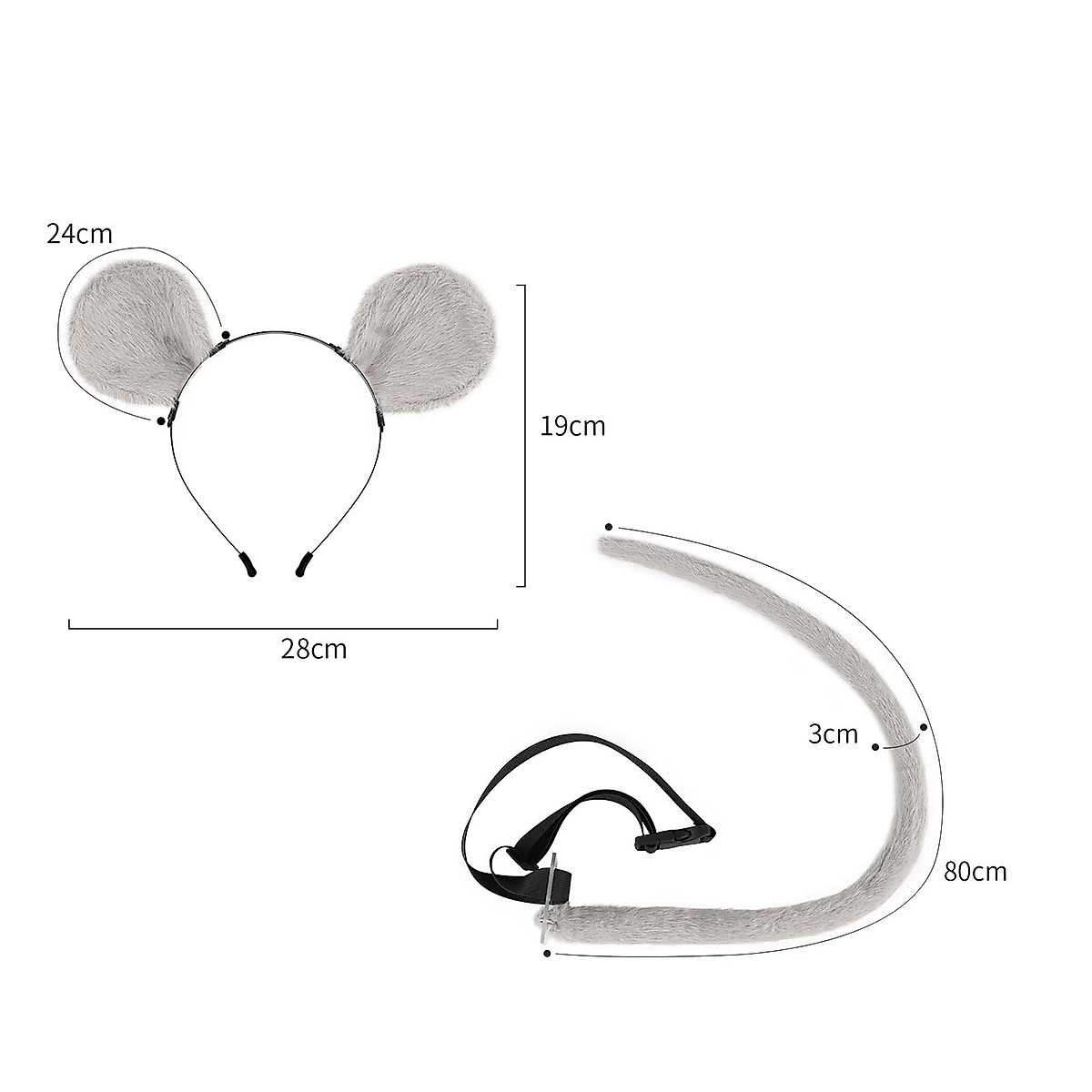 Deevoka Mice Ears Headband and Tail Plush Costume Accessory Set, Gray