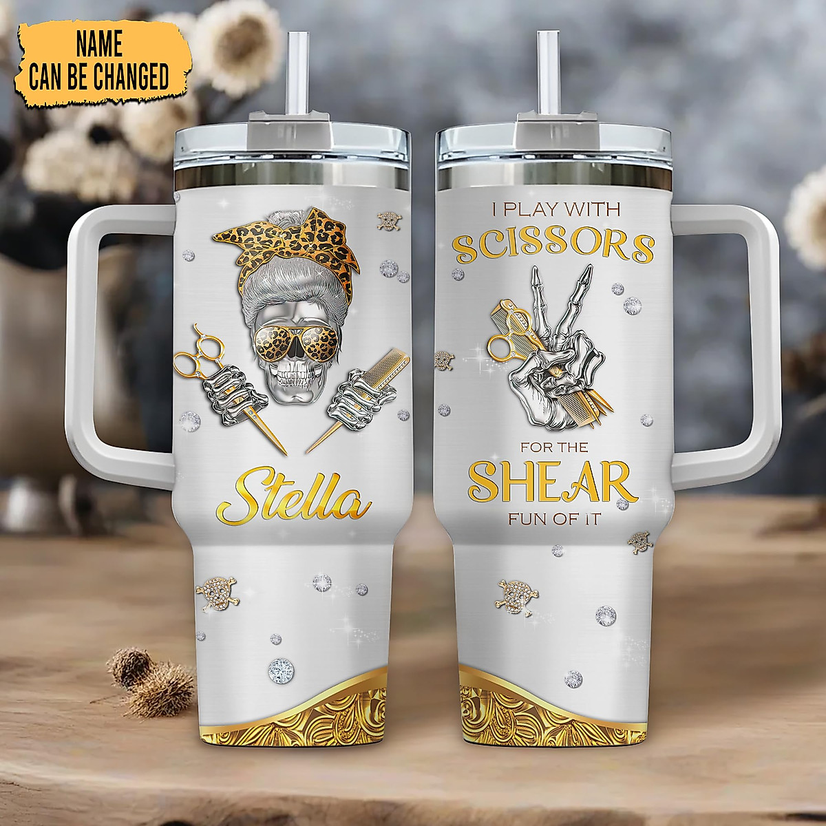 HHyturtle Personalized Hair Stylist 40 oz Tumbler With Handle and Straw Lid, Funny Skull Messy Bun Stainless Steel Coffee Cup, Salon Owner Gifts Hairdresser Mug With Name