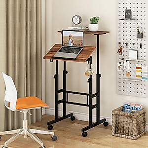 Tangkula Mobile Standing Desk, Height-Adjustable Laptop Podium Cart with Tilting Tabletop & Adjustable Angle, Rolling Stand Up Computer Desk with 2 Hanging Hooks & Lockable Casters for Home Office