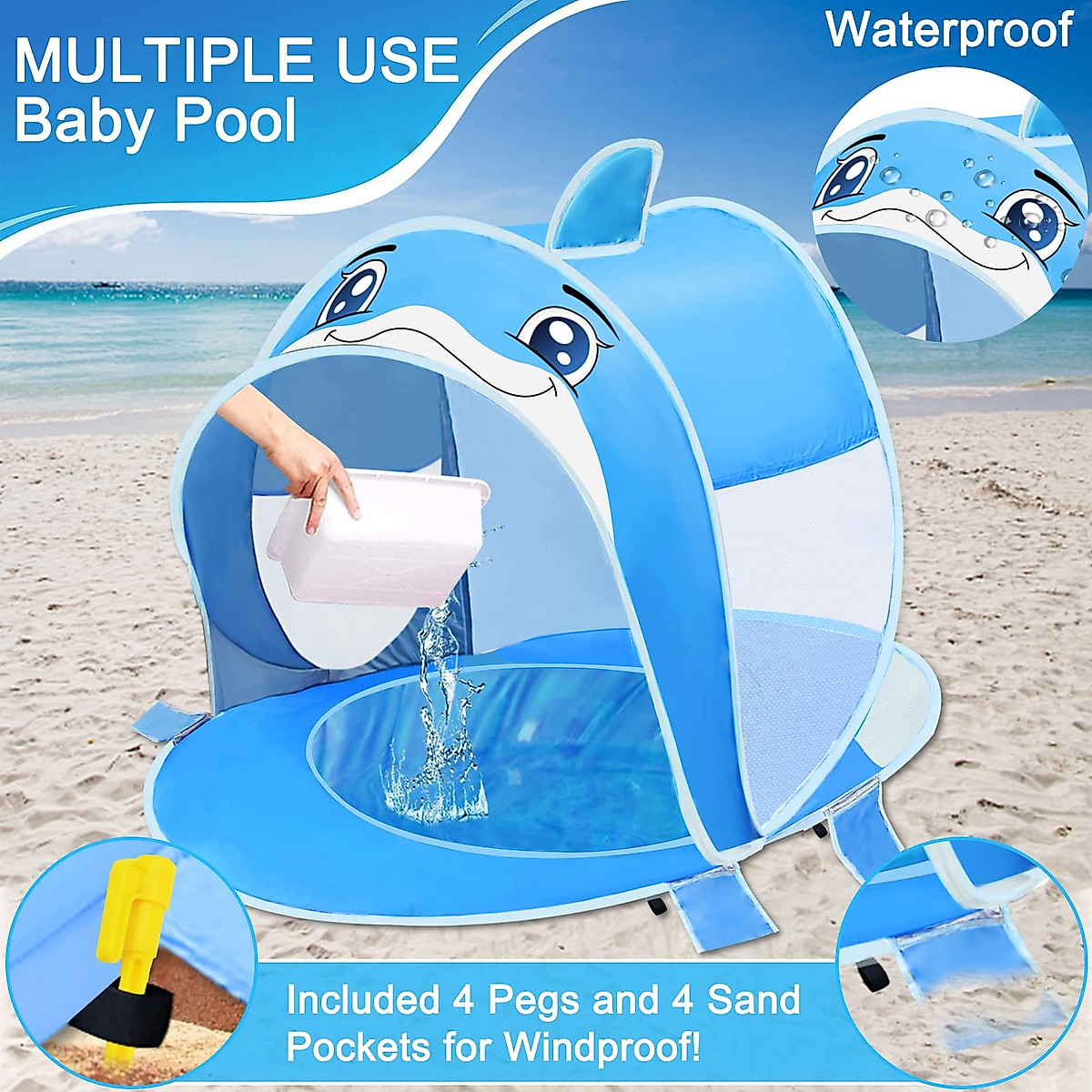 Dolphin Baby Beach Tent with Pool, UPF 50+ UV Protection Pop Up Portable Sun Shade Beach Tent with Sand Pocket, Waterproof Outdoor Sun Shelter for Baby Toddler Age 6-36 Months Baby Essentials