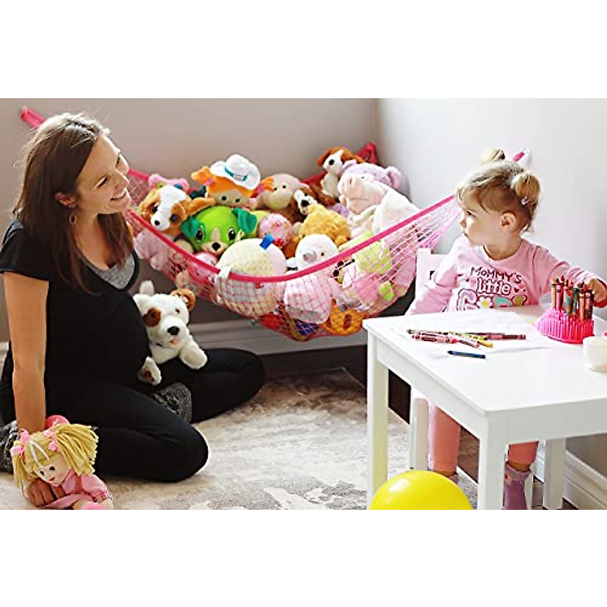 MiniOwls Toy Storage Hammock Plush Toy Organizer for Kids – Fits 20-30 Soft Teddies, Girl’s Bed or Playroom Decor (Pink, Large)