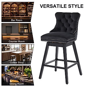 Fahomiss Swivel Bar Stools, Barstool Set of 4 with Back, Bar Height Stools, Black Barstools for Kitchen Island, Counter Height Velvet Bar Stools with Upholstered Seat, Wood Legs for Home Bar