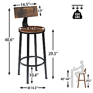 BETTAHOME Bar Stools Set of 2, 29 Inch Bar Chairs for Counter Height, Wooden Barstools with Footrest and Backrest, Rustic Brown and Black BT008