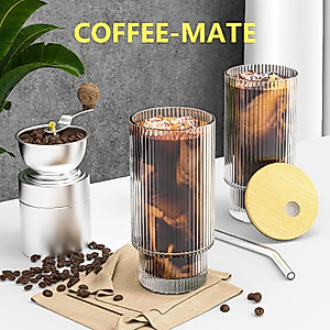 CWHHRN 16OZ Ribbed Glass Cups with Bamboo Lids and Glass Straws 4 Set, Vintage Glassware for Whiskey Cocktail Beer, Iced Coffee Cups for Cute Gifts (4 Set)