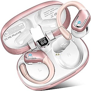 Wireless Bluetooth Earbud Sport, Bluetooth 5.3 Headphones with Noise Cancelling Mic, 90H HiFi Stereo Over Ear Earbud with LED Display and USB-C, IP7 Waterproof Earphones, Button Control, Rose Gold