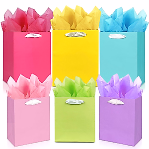 MUMULULU 6 Pack Gift Bags Assorted Sizes Colorful Paper Gift Wrap Bags with Handle and Tissue Paper for Birthday Party Baby Shower Wedding Holiday Presents (3 Small 6", 3 Medium 9")