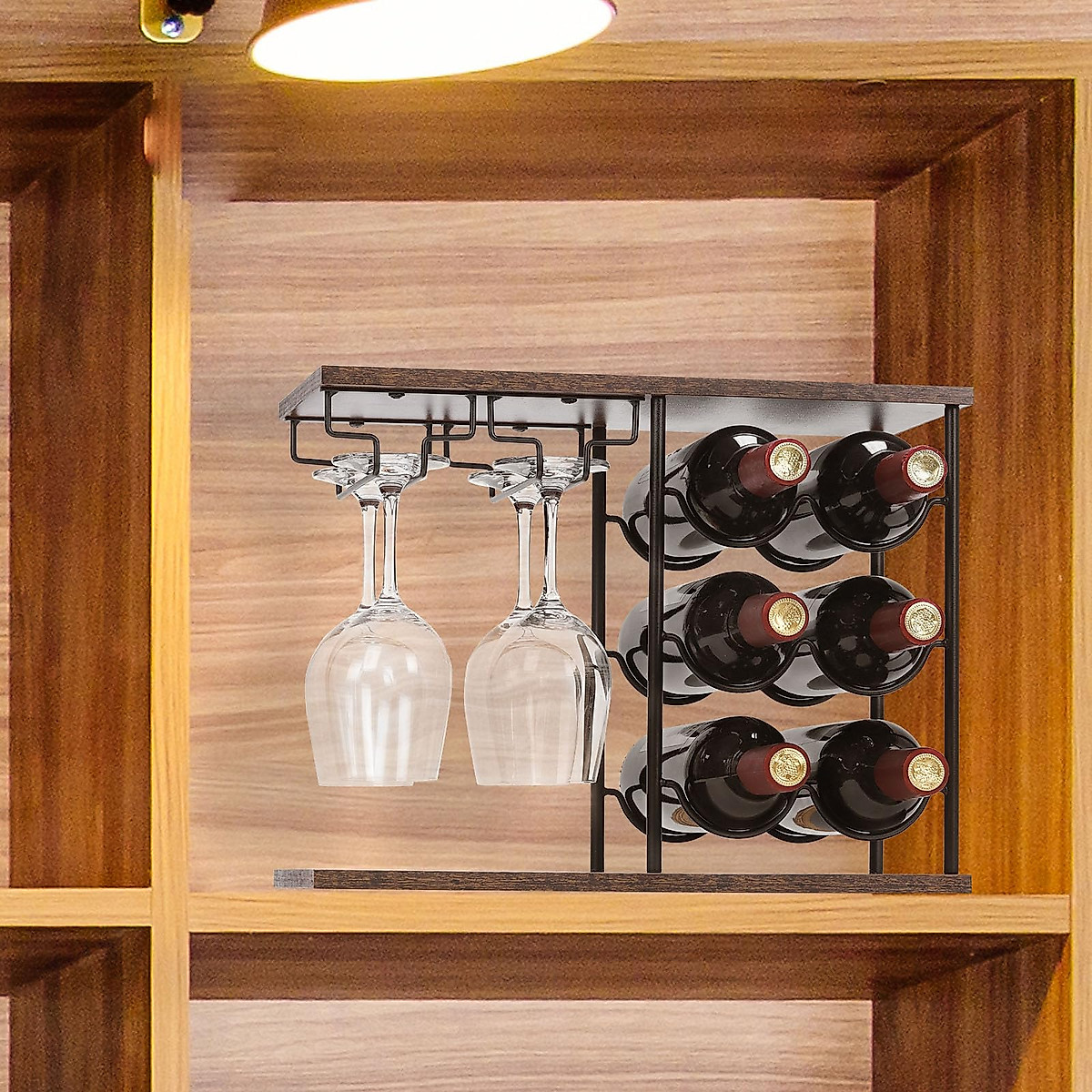 YBING Wine Rack Countertop Wine Holder Stand for 6 Wine Bottles and 4 Glasses Tabletop Small Wine Holder Wooden Wine Bottle Organizer for Kitchen, Bar, Wine Cellar, Cabinet (Brown)