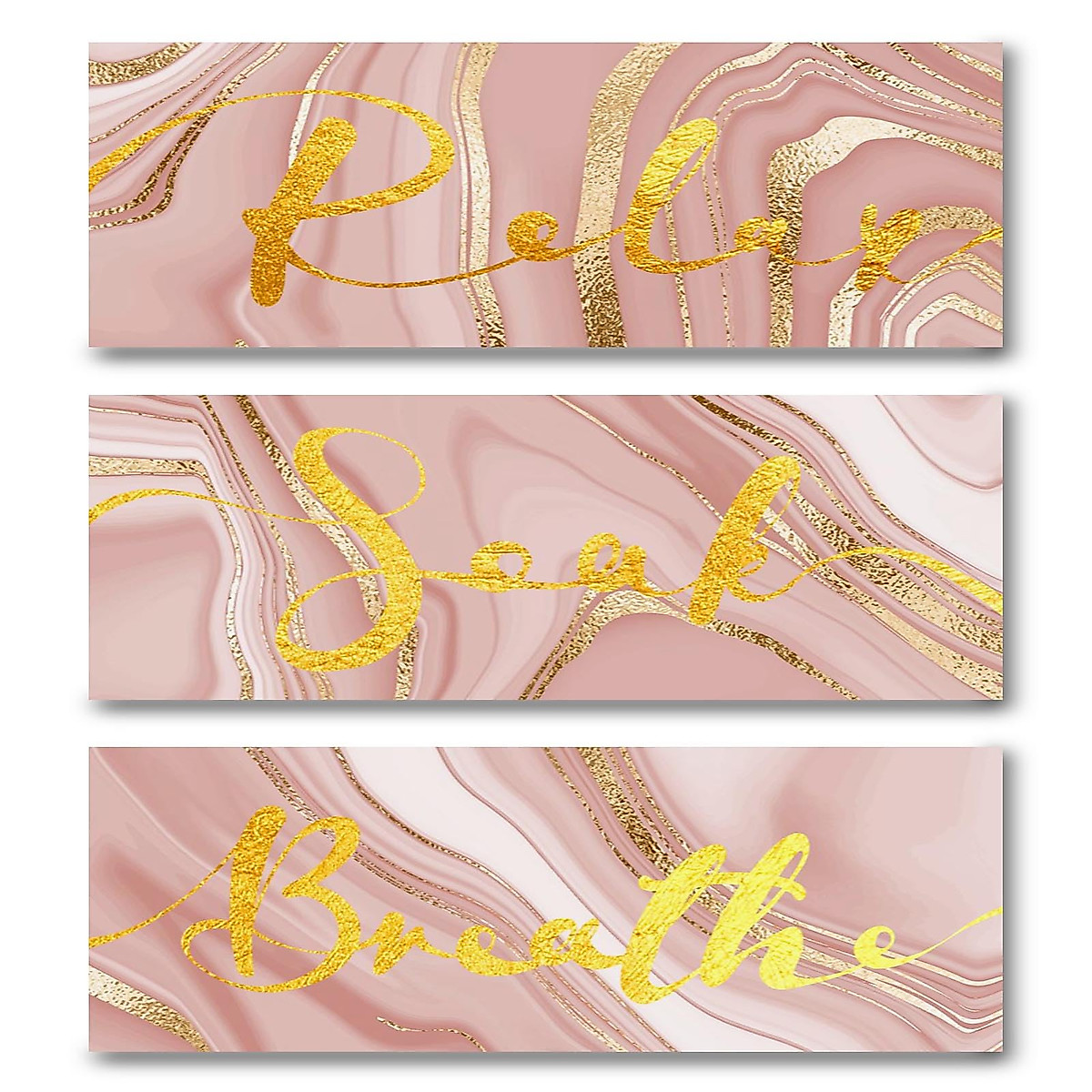 3 Pieces Funny Rustic Wooden Art Wall Hangings Relax Soak Breathe Pink Gold Marble Style Wood Signs 12 X 4 Inches for Home, Living Room, Bedroom, Yoga Room Wall Decor