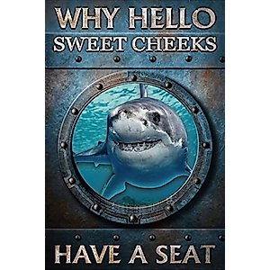 Mocozim Rustic Retro Metal Tin Sign Shark Window Ocean Why Hello Sweet Cheeks Poster Bathroom Signs Wall Decor Vintage Bathroom Retro Farmhouse Home Restroom Toilet Bath Signs Wall Decor (8X12Inch)