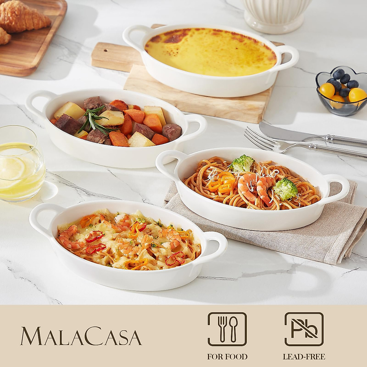 MALACASA Oval Au Gratin Baking Dish, 22 oz Casserole Dishes for Oven Safe, Ceramic Mini Baking Pan with Handles, Set of 4 Small Au Gratin Pans for Roasting, Lasagna, Pie, Baking Meat & Vegetables, White