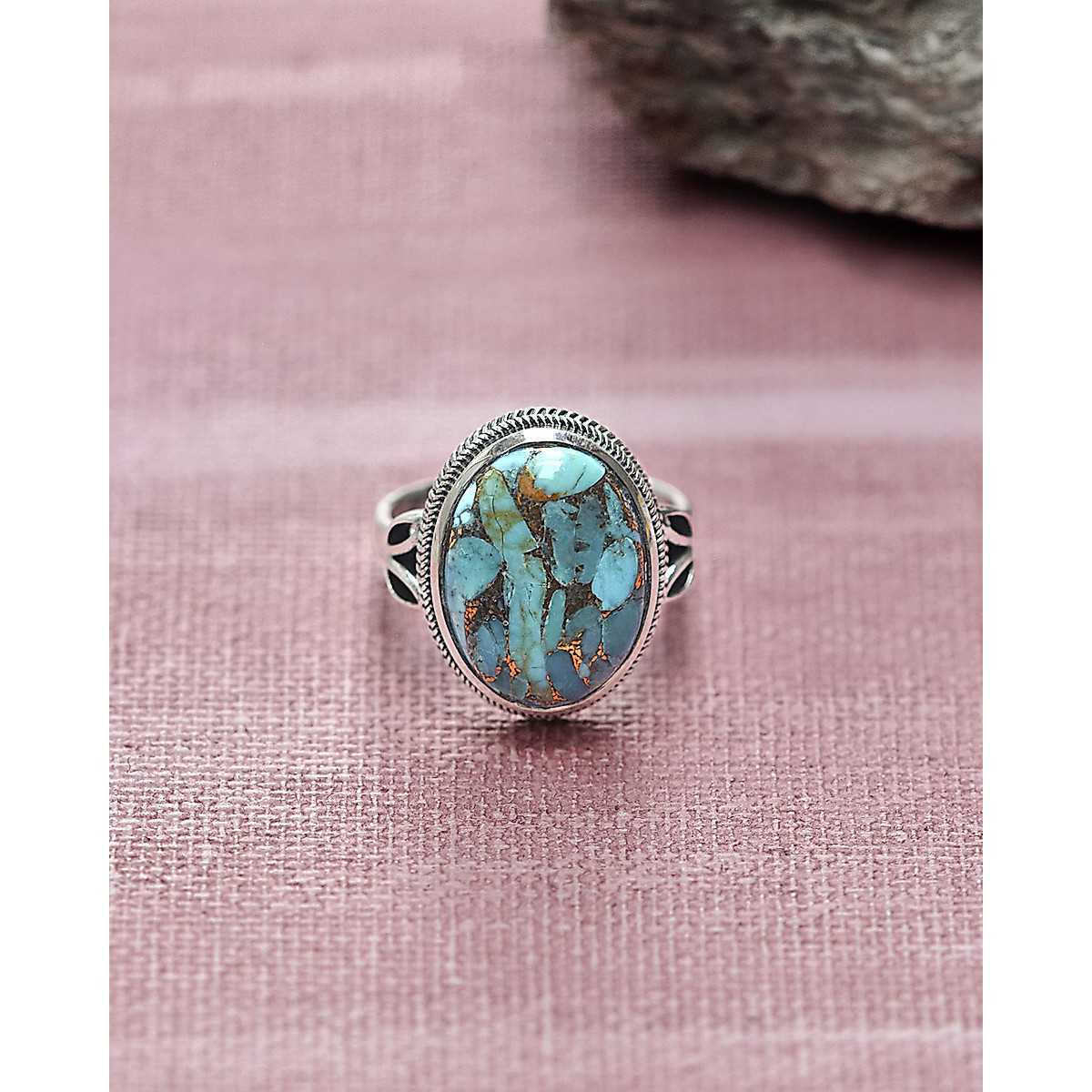 YoTreasure Blue Copper Turquoise Chunky Ring 925 Sterling Silver