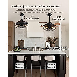 Siljoy 36” Farmhouse Ceiling Fan with Lights and Remote, Industrial Caged Retractable Ceiling Fan, 6 Wind Speeds Rustic Ceiling Fan for Patio Kitchen Bedroom Living Room, Black