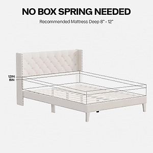 DOGIBIXO Queen Size Bed Frame with LED Lights, Upholstered Bed Frame with Wingback Diamond Tufted Headboard, Wood Slats Support, Noise-Free, Easy Assembly, No Box Spring Needed, Beige