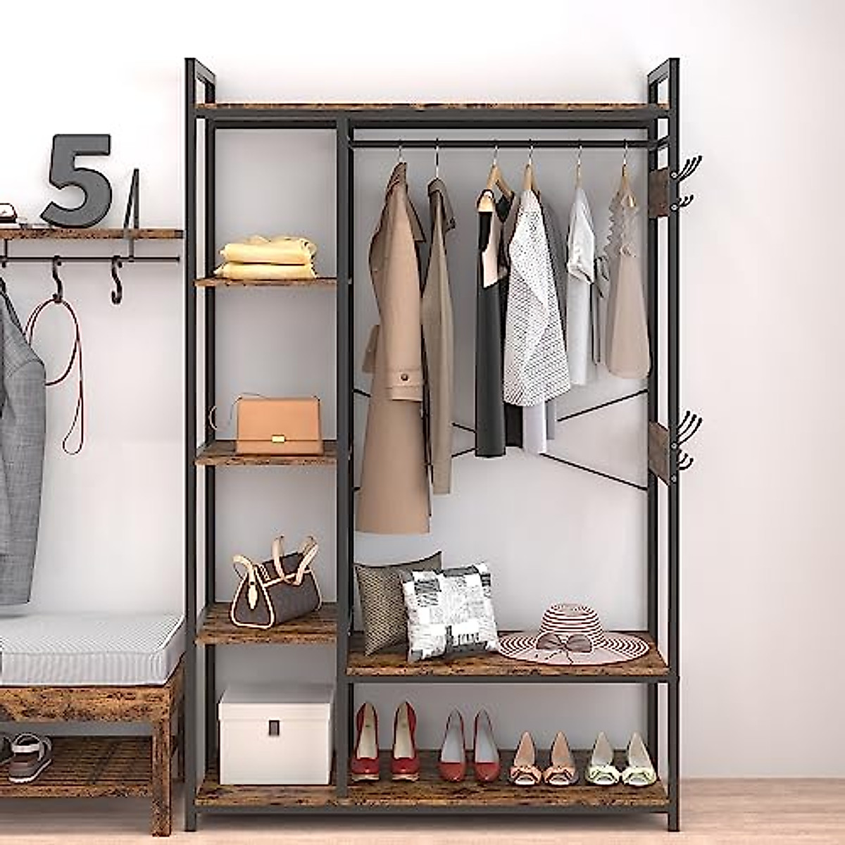 PKUGU Garment Rack with Storage, Garment Racks for Hanging Clothes, Mid Century Modern Clothes Racks, Clothing Rack with Shelves, with Hanging Rod, with 2 Cloth Boxes, for Bedroom, Rustic Brown