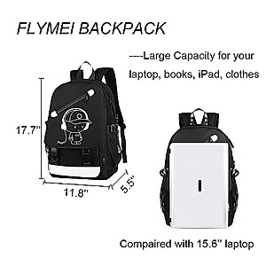 FLYMEI Anime Luminous Backpack for Boys, 15.6'' Laptop Backpack with USB Charging Port, Bookbag for School with Anti-Theft Lock, Black Teens Backpack Cool Backpack for Boys