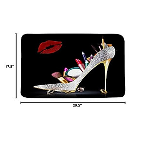 FGYGYK High Heels Bath Mat Red Lips Silver Diamond Woman Shoes Fashion Makeup Romantic Girl Black Bathroom Microfiber Memory Foam Bathroom Rug Doormat Kitchen Toilet Floor Rug