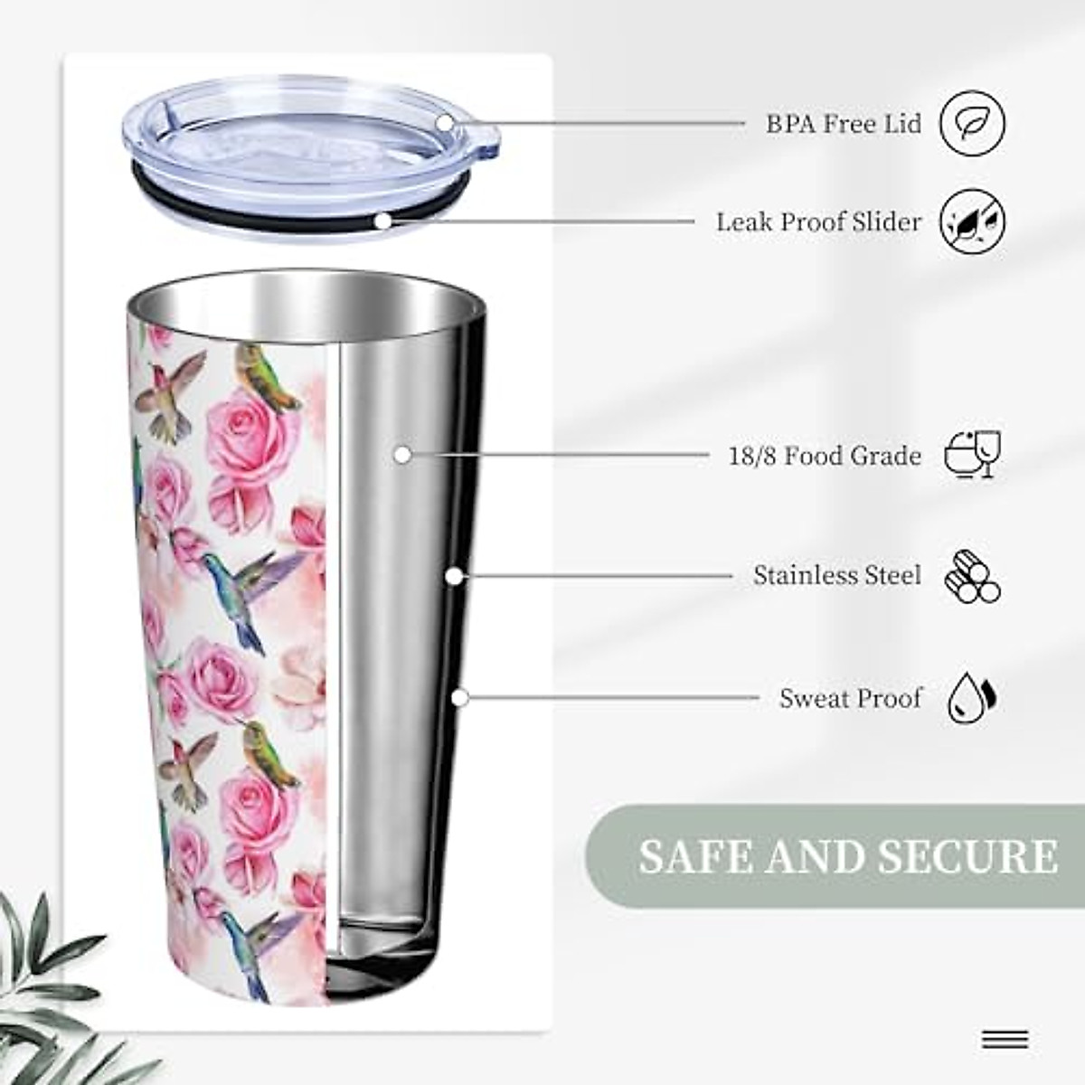 Yaxongx 20oz Tumbler Roses Hummingbird Double Wall Vacuum Insulated Coffee Mug with Lid and Metal Straw Brush Reusable Stainless Steel Water Bottle Travel Cup Gifts for Car Ice Drinks Hot Beverage