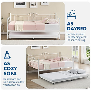 GAOMON Twin Day Bed with Trundle Bed Twin, Metal Daybed with Trundle, Daybed with Trundle Bed Frame, Steel Slat Support Sofa Bed for Kids Teens Adults, No Box Spring Needed, White