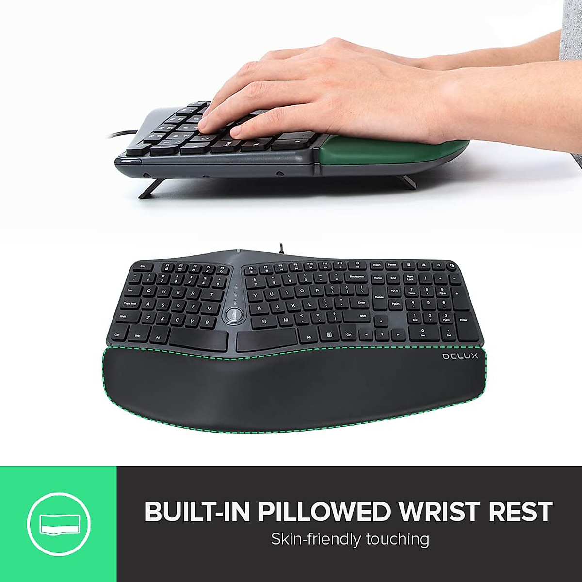 DeLUX Wired Ergonomic Split Keyboard with Wrist Rest, Ergo Keyboard with 2 USB Passthrough, Natural Typing Reducing Hand Pressure, 107 Keys, for Windows and Mac OS (GM901U-Black)