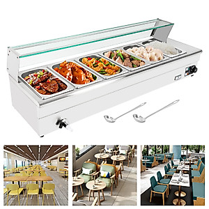 110V Bain Marie Food Warmer 6 Pan x 1/3 GN Food Grade Stainelss Steel Commercial Food Steam Table 6-Inch Deep 1200W Electric Countertop Food Warmer 19 Quart with Tempered Glass Shield, Pans, Lids