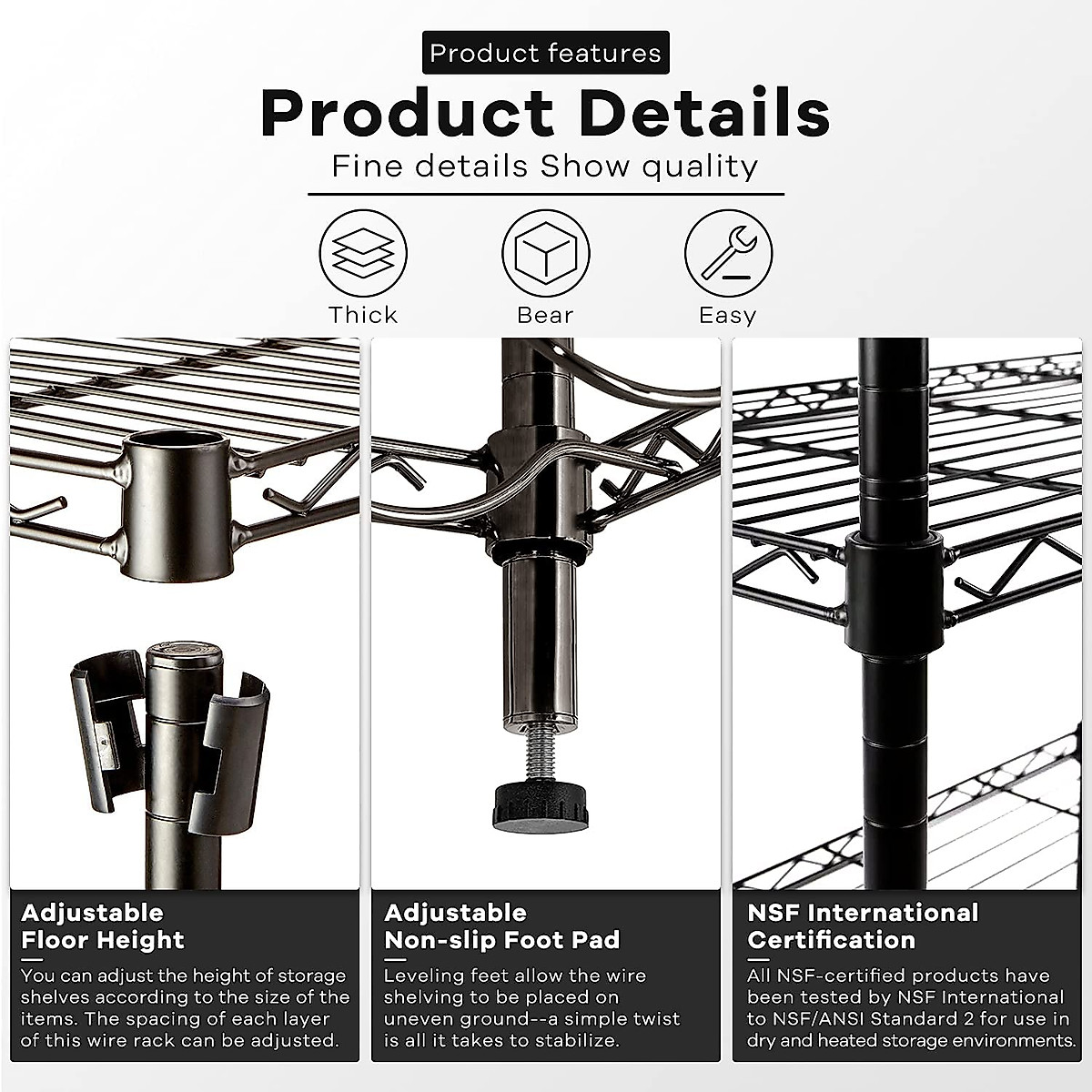 5-Tier Storage Shelves Adjustable,Wire Shelving Heavy Duty Storage Rack(250 Lbs Loading Capacity/Shelf) Metal Shelf Organizer Wire Rack Shelf for Pantry Garage Kitchen 36" D x14 W x 72" H -Black