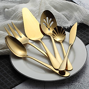 Berglander Stainless Steel Golden Titanium Plated Flatware Serving Set 6 Pieces, 5 Serving Pieces of 45 Pieces Flatware with 1 Cake Server, Golden Serving Silverware Set (Shiny Golden)